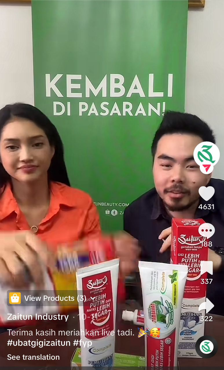 Jualan ubat gigi Zaitun naik gara-gara TikTok LIVE Atikah Suhaime